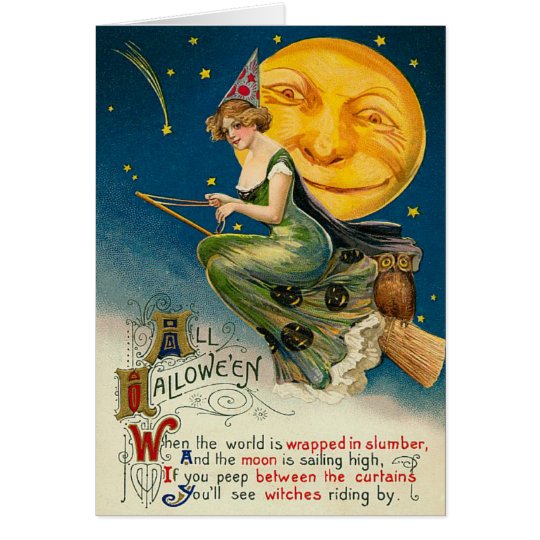Vintage Witch Halloween cards, Flying on her Broom Card | Zazzle.com