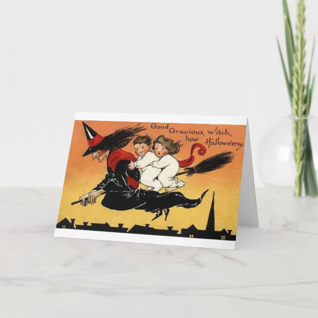 Vintage Witch On Broomstick Halloween Card | Zazzle