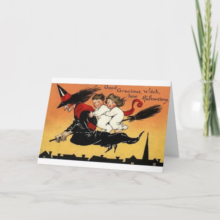 Vintage Witch On Broomstick Halloween Card | Zazzle.com