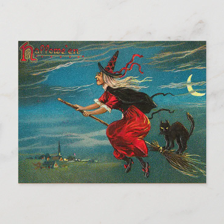 Vintage Witch Postcard, Halloween, Black Cat Postcard | Zazzle