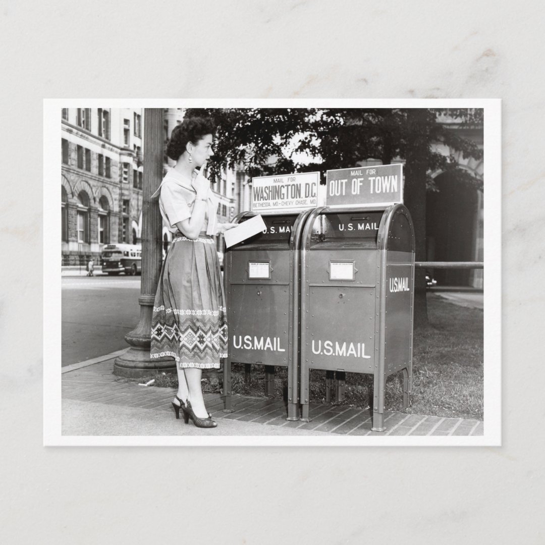 Vintage woman at mailboxes black and white photo postcard | Zazzle