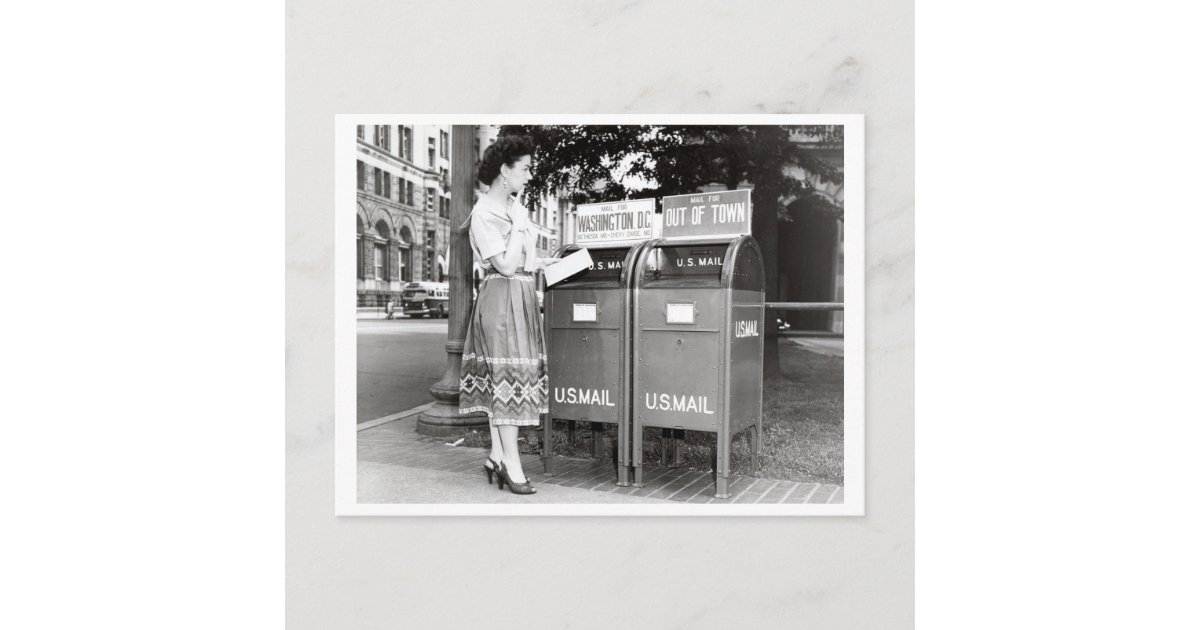 Vintage woman at mailboxes black and white photo postcard | Zazzle