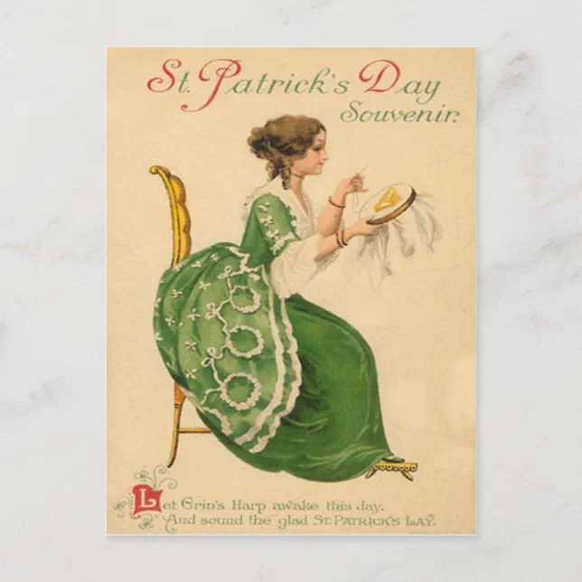 Vintage Woman Sew Harp of Erin St Patrick's Day Postcard | Zazzle