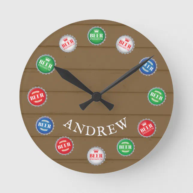 Vintage Wood and Beer Bottle Tops Bar Decor Round Clock | Zazzle