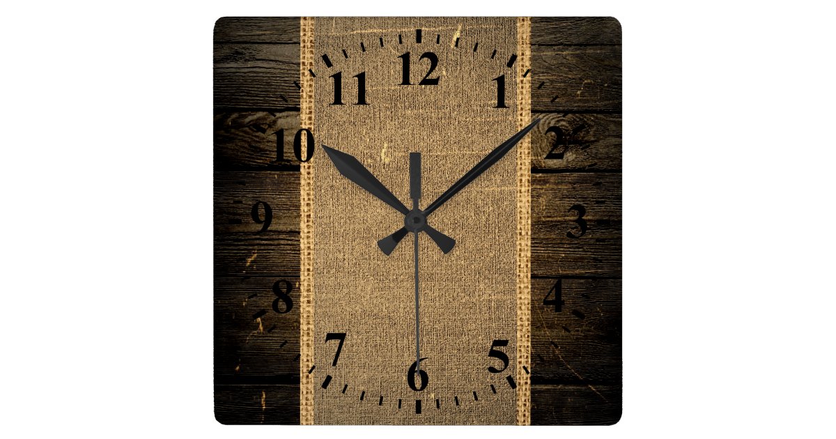 Vintage Wood Look Burlap Rustic Square Wall Clock | Zazzle.com