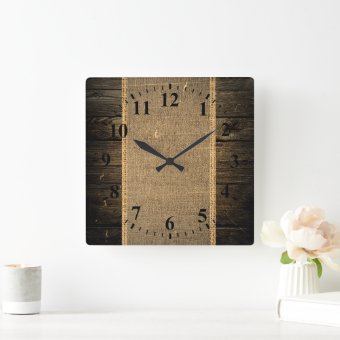 Vintage Wood Look Burlap Rustic Square Wall Clock | Zazzle