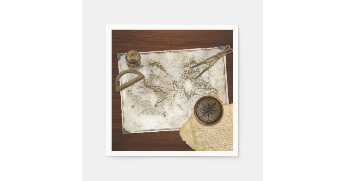 Vintage World Map And Tools Paper Napkins | Zazzle