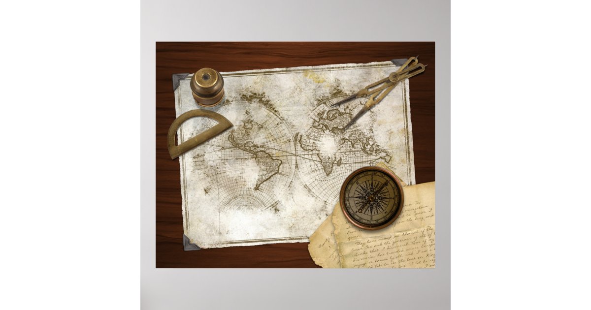 Vintage World Map And Tools Poster | Zazzle