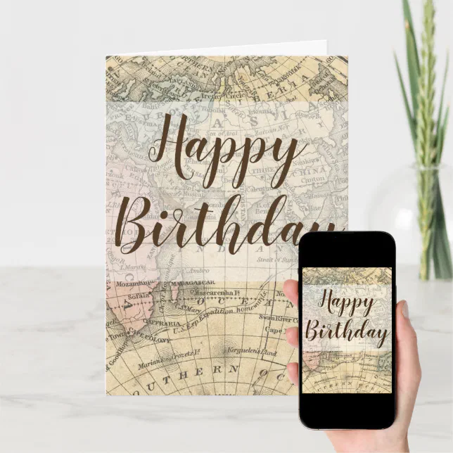 Vintage World Map Happy Birthday Card | Zazzle