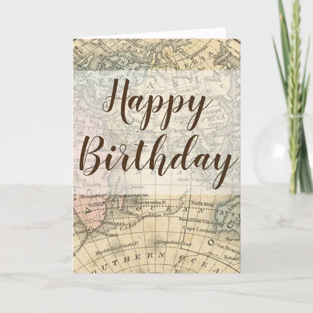 Vintage World Map Happy Birthday Card | Zazzle