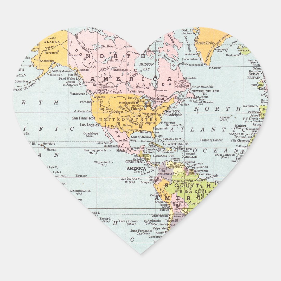 Vintage World Map Heart Sticker | Zazzle