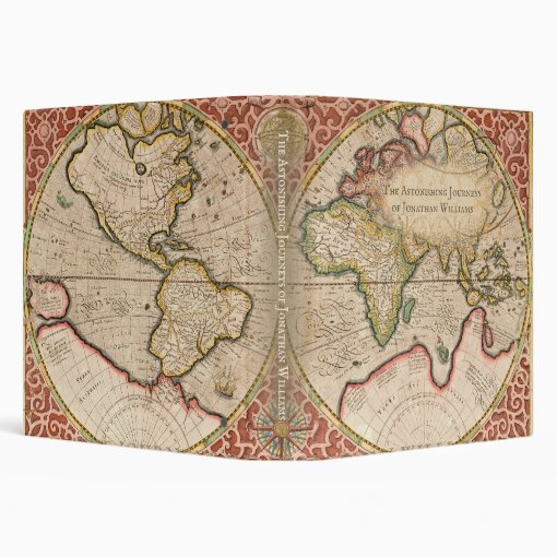 Vintage World Map Monogram Name 3 Ring Binder | Zazzle