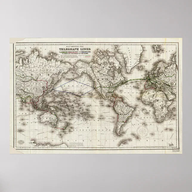 Vintage World Map Showing Telegraph Lines (1871) Poster | Zazzle