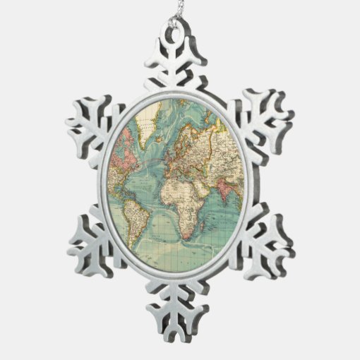 Vintage World Map Snowflake Pewter Christmas Ornament | Zazzle