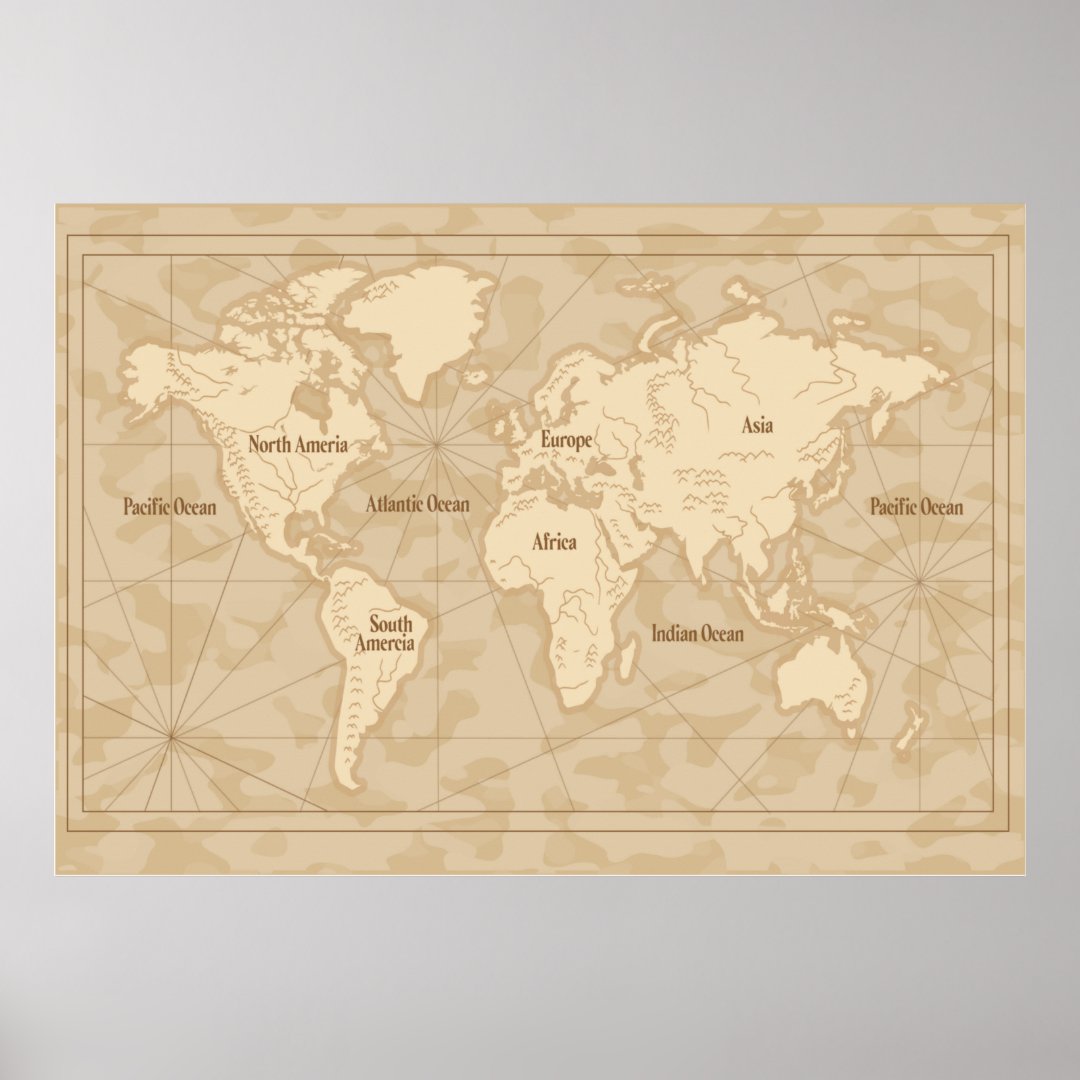 VINTAGE WORLD MAP TRADITIONAL ILLUSTRATION POSTER | Zazzle