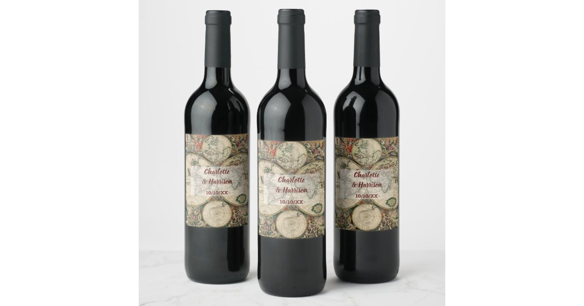 Vintage World Map Travel Theme Wedding Wine Label | Zazzle