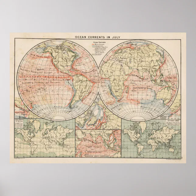 Vintage World Ocean Currents Map (1905) Poster | Zazzle