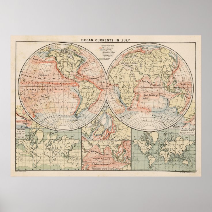 Vintage World Ocean Currents Map (1905) Poster | Zazzle