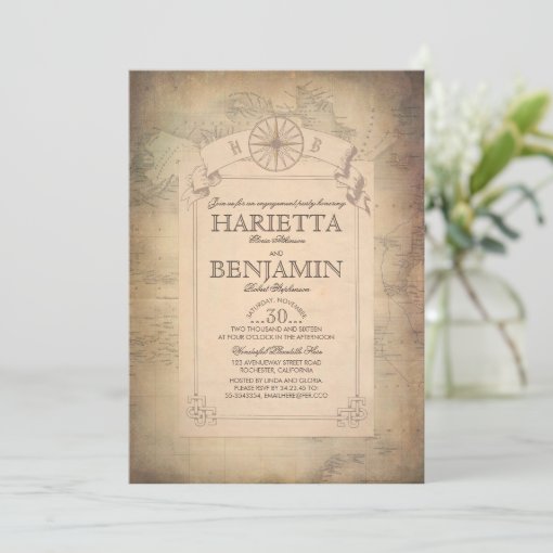 Vintage World Travel Map Engagement Party Invitation | Zazzle