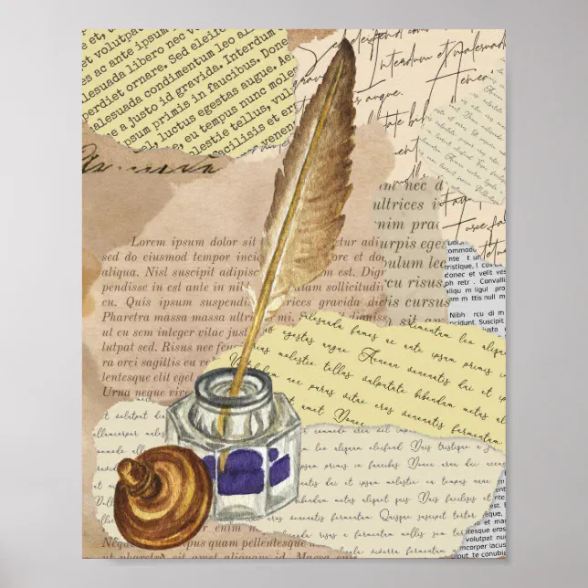 Vintage Writing Collage with Ink and Quill Poster | Zazzle