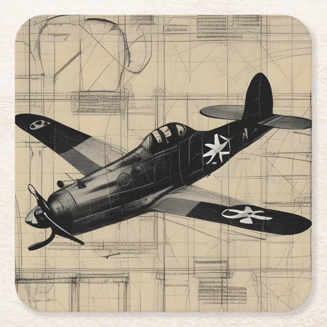 Vintage ww2 Fighter Plane Pencil Sketch Design Square Paper Coaster ...
