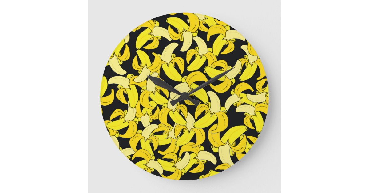 Vintage Yellow Bananas: Black Background Large Clock | Zazzle