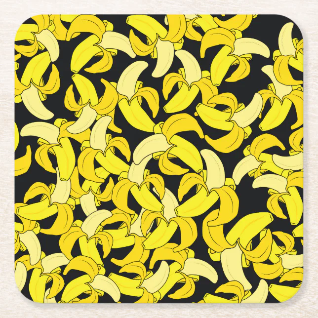 Vintage Yellow Bananas: Black Background Square Paper Coaster | Zazzle