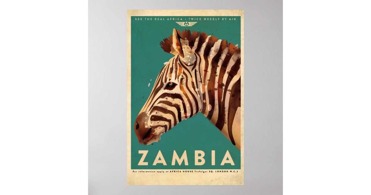 Vintage Zambia Zebra Travel Poster | Zazzle