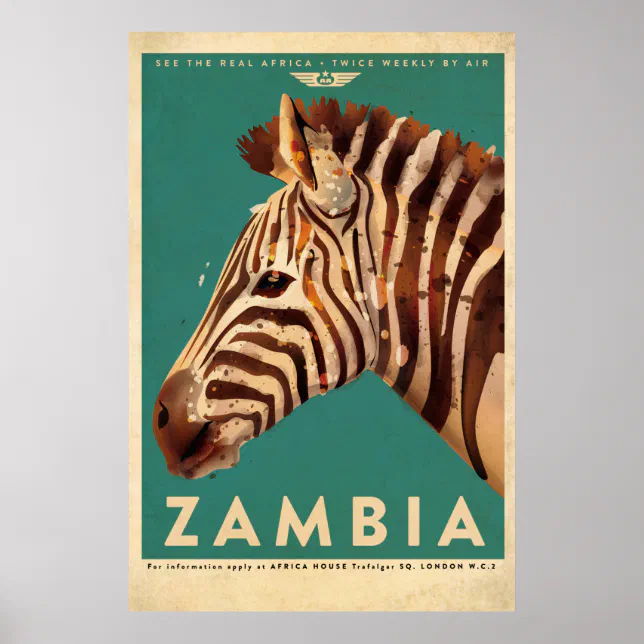 Vintage Zambia Zebra Travel Poster | Zazzle