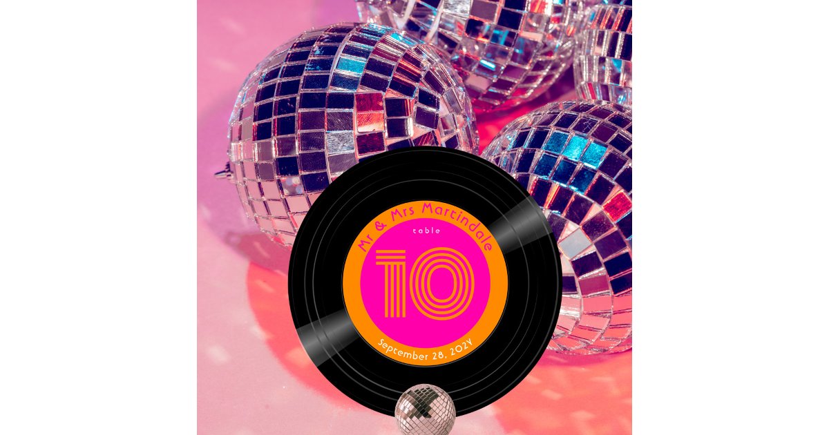 Vinyl Record Disco Hot Pink Orange Table Number | Zazzle