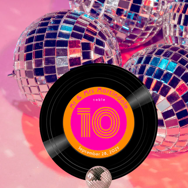 Vinyl Record Disco Hot Pink Orange Table Number | Zazzle