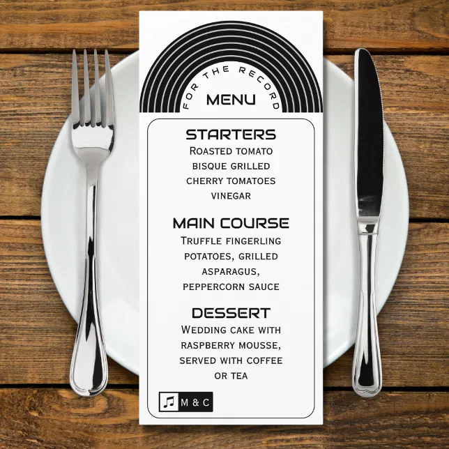 Vinyl Record Musical Wedding Black and White Menu | Zazzle