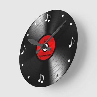 Vinyl Record with Music Notes Round Clock | Zazzle