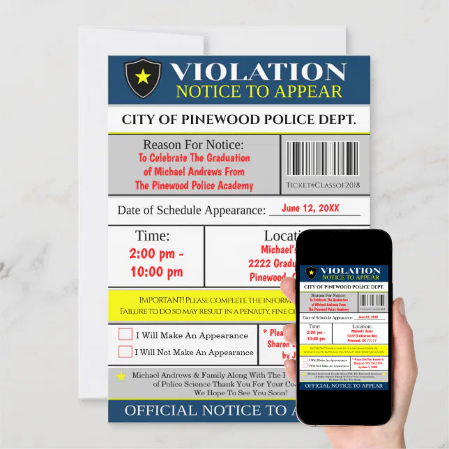 Violation Ticket Police Graduation Invitation | Zazzle