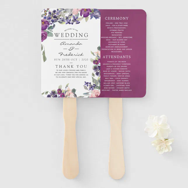 Violet and Plum Floral Wedding Program Hand Fan | Zazzle