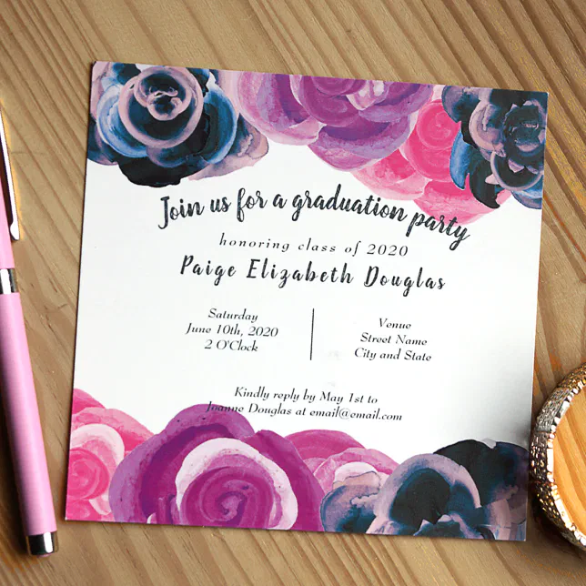 Violet, Blue Botanical Roses Graduation Party Invitation | Zazzle