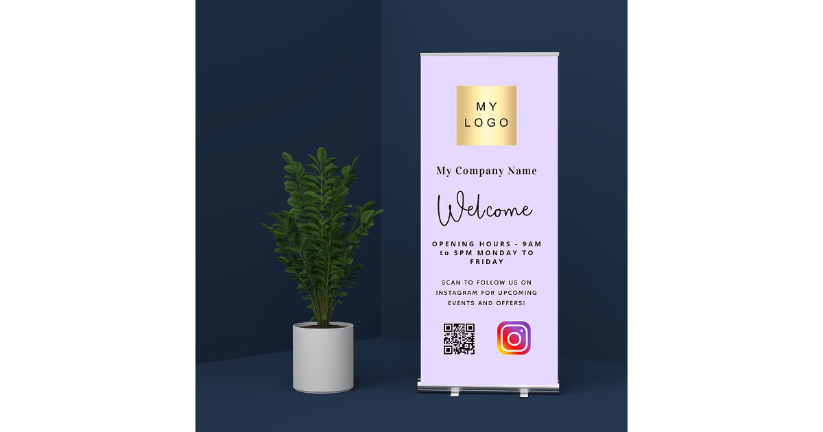 Violet business logo opening hours QR Instagram Retractable Banner | Zazzle