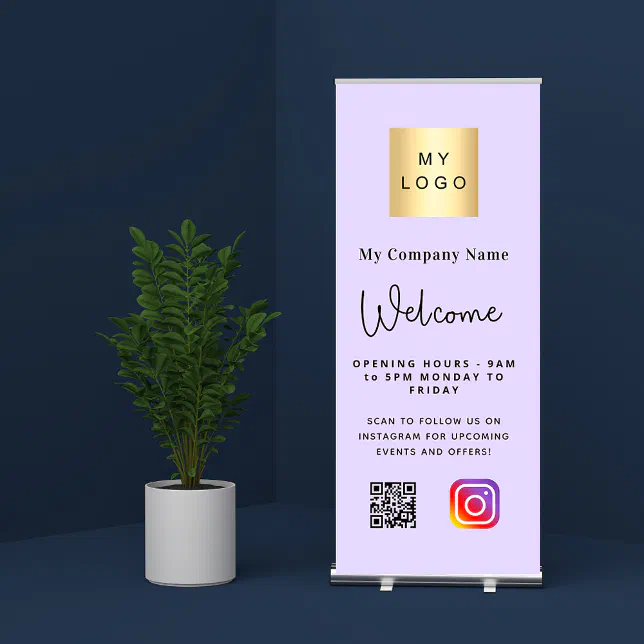Violet business logo opening hours QR Instagram Retractable Banner | Zazzle