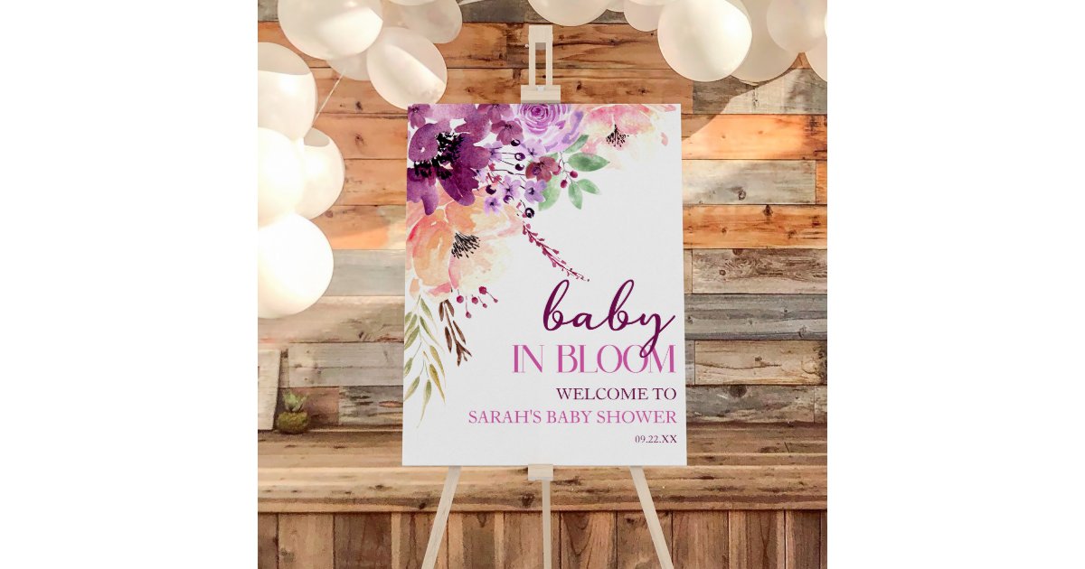 Violet Floral Baby Bloom Baby Shower Welcome Sign | Zazzle