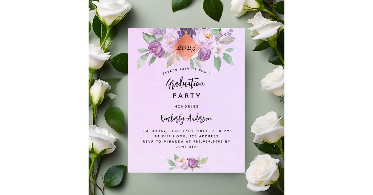 Violet flower budget graduation party invitation flyer | Zazzle