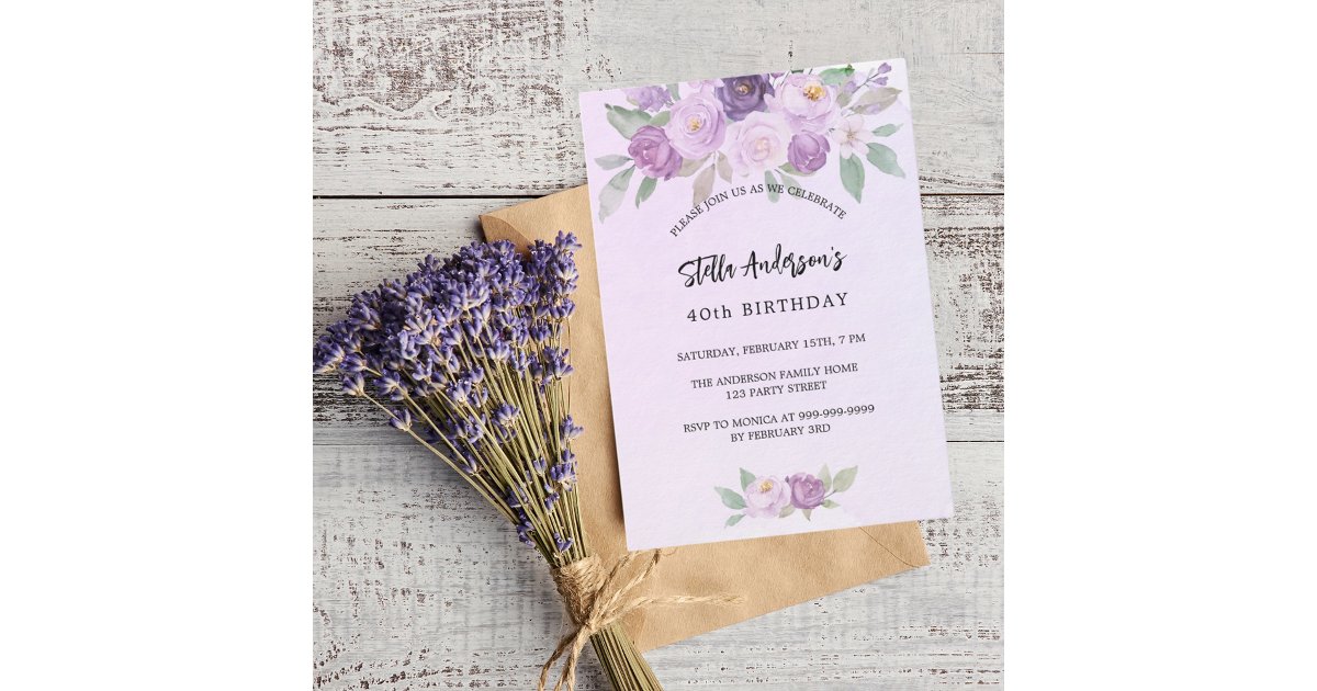 Violet flowers greenery luxury birthday invitation | Zazzle