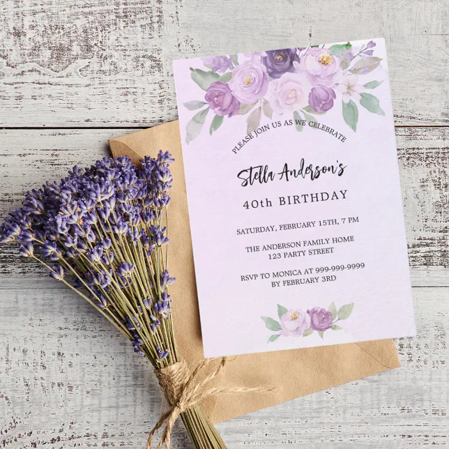 Violet flowers greenery luxury birthday invitation | Zazzle
