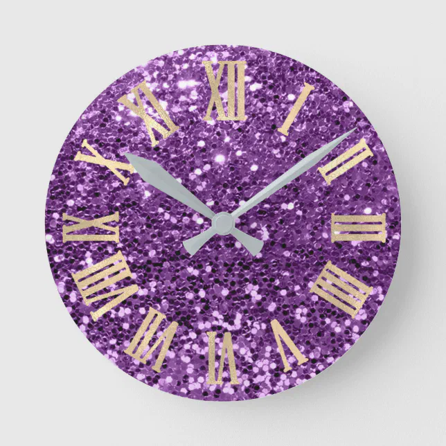 Violet Gold Glitter Sparkly Metallic Roman Numers Round Clock | Zazzle