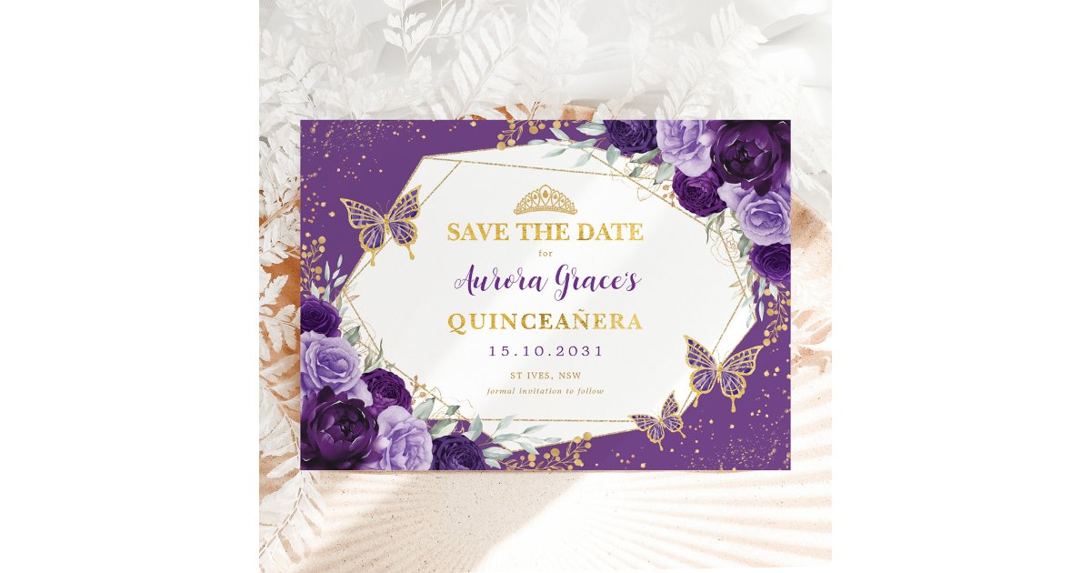 Violet Gold Quinceanera Floral Save the Date Announcement | Zazzle