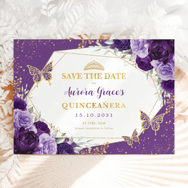 Violet Gold Quinceanera Floral Save the Date Announcement | Zazzle