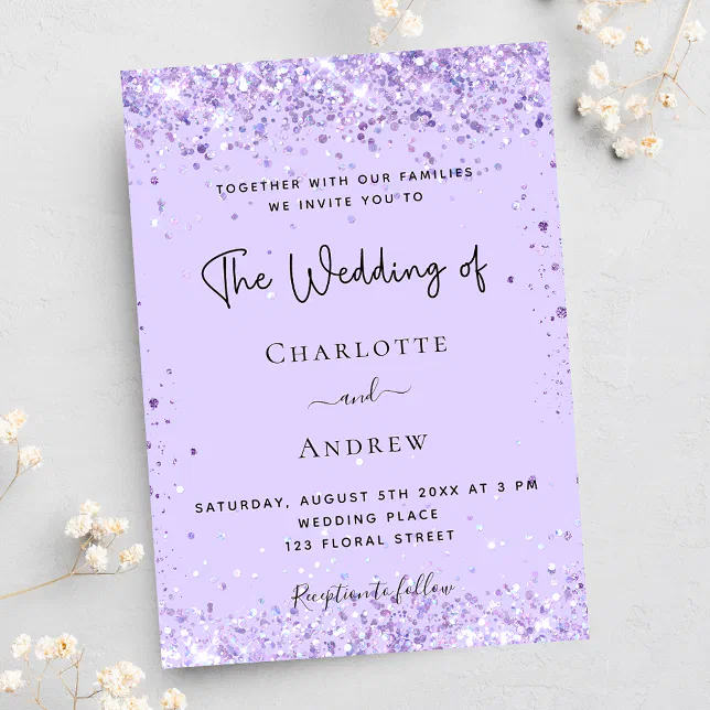 Violet lavender confetti script luxury wedding invitation | Zazzle