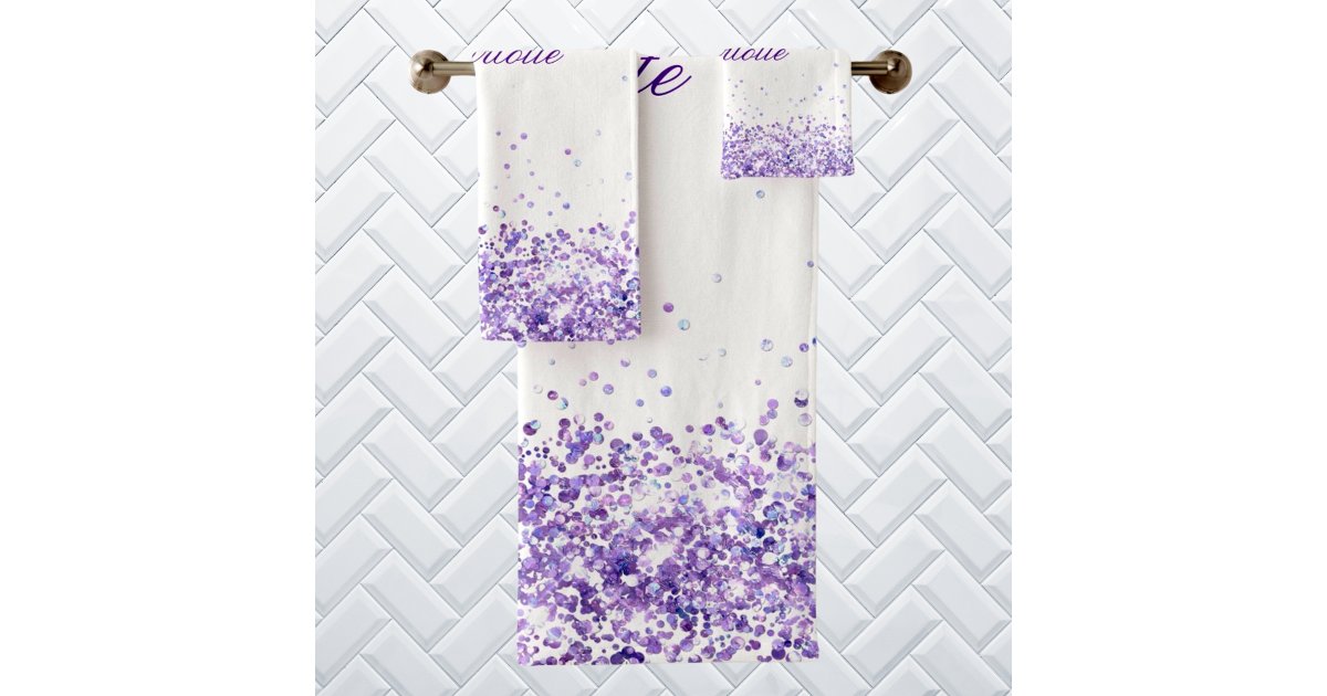 Violet lavender glitter dust white name bath towel set | Zazzle