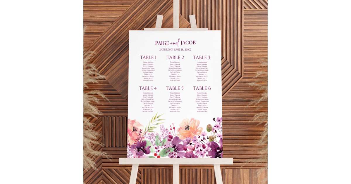 Violet Magenta Floral Small Wedding Seating Chart Foam Board | Zazzle