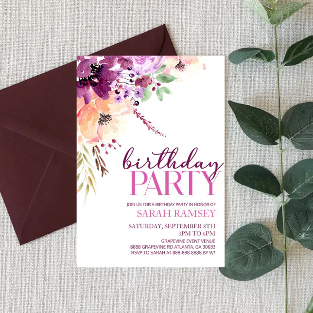 Violet Magenta Purple Floral Flower Birthday Party Invitation | Zazzle