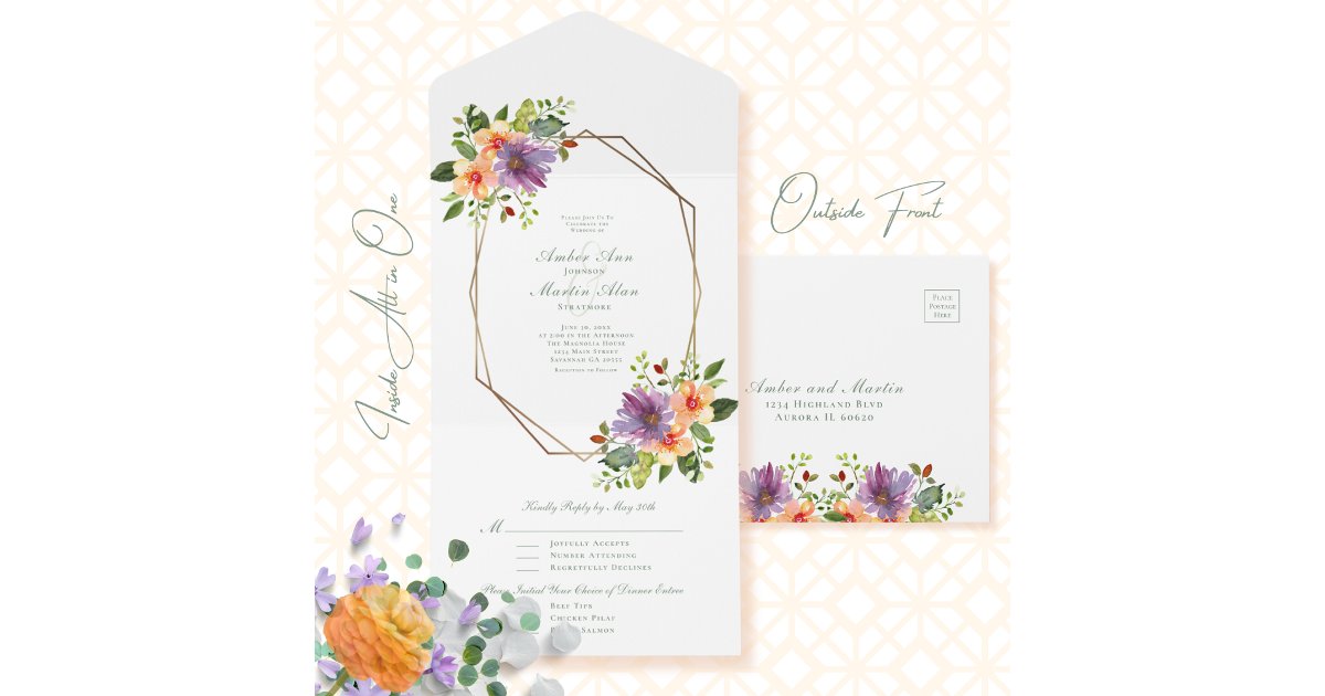 Violet Peach Floral Watercolor Octagon Wedding All In One Invitation ...